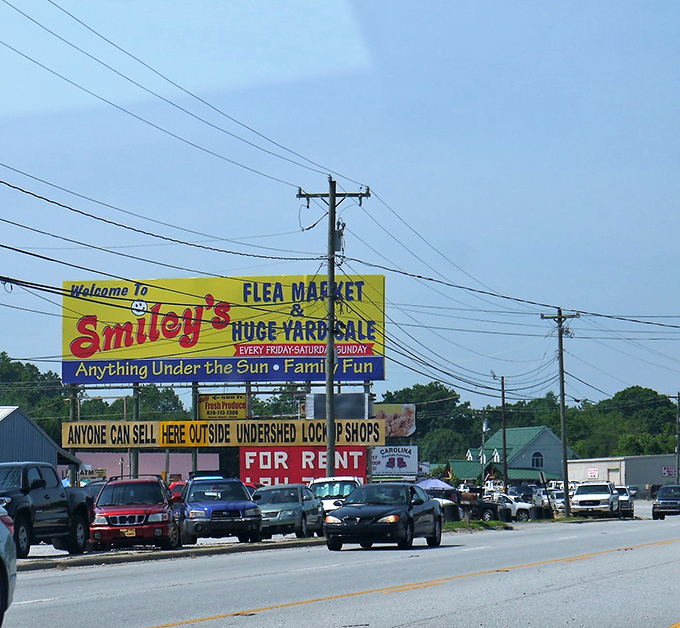 Smiley's colorful banner waves like a carnival flag, promising fun and fantastic deals for everyone.