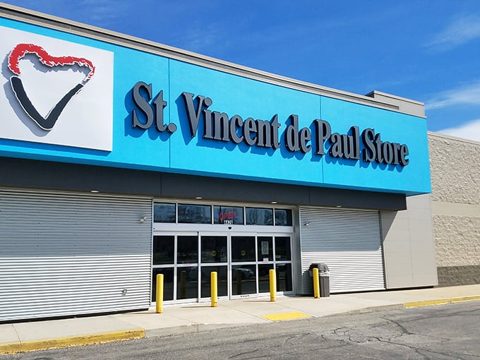 St. Vincent de Paul's bright blue storefront is like a portal to an alternate universe where designer labels don't require a small loan.