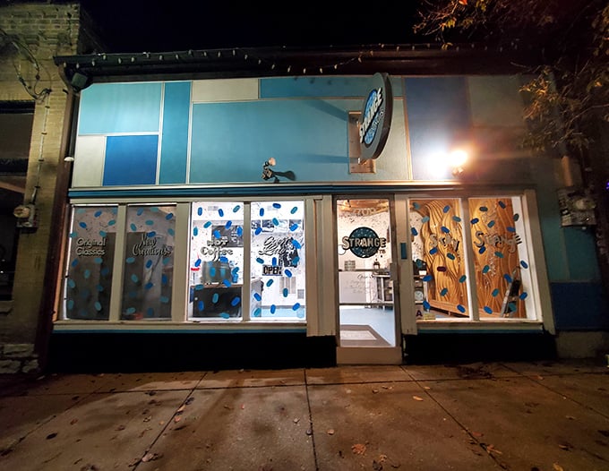 Strange Donuts' playful blue exterior perfectly matches the wonderfully weird creations found within these walls.