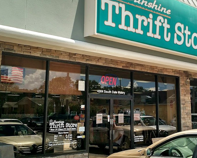 Sunshine Thrift Store lives up to its name with that cheerful turquoise sign. Florida's answer to retail therapy!