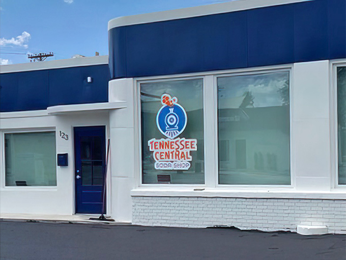 Clean lines and bright blue walls prove that soda fountains can be both classic and contemporary.