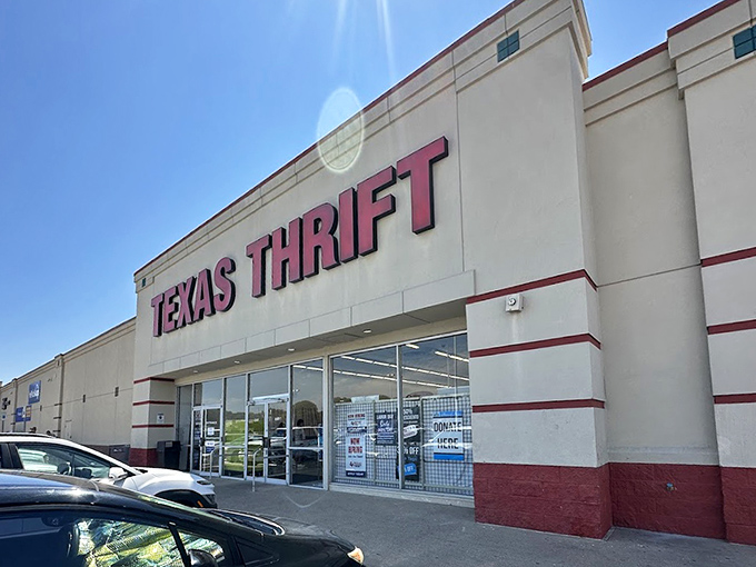 Texas Thrift's bold red signage stands out like a neon promise of bargains waiting to be discovered.