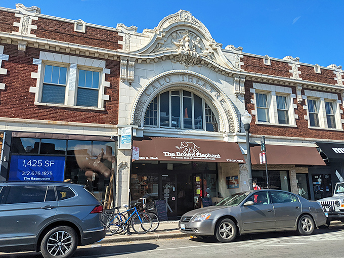 The historic facade of The Brown Elephant's Andersonville location hints at the architectural treasures waiting inside.