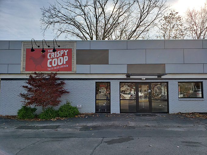 The Crispy Coop's industrial-chic vibe hints at the serious chicken craftsmanship happening inside those walls.