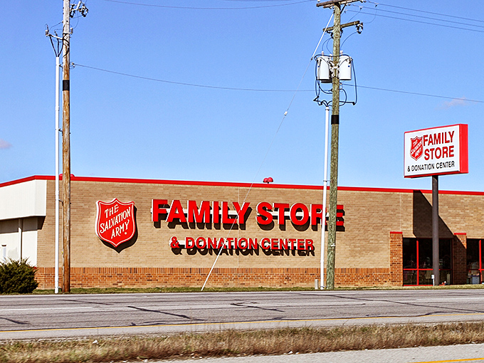 The Salvation Army's red shield signals serious thrift business - community service wrapped in retail therapy.