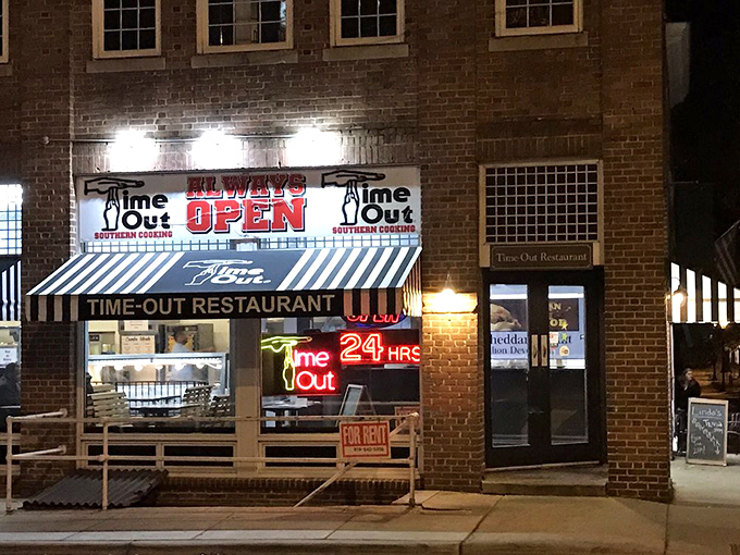 Time-Out's classic brick charm whispers stories of countless satisfied customers and late-night chicken cravings.