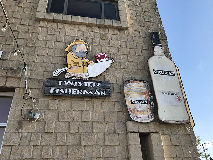 The playful fisherman mural hints at the fun-loving spirit waiting inside this Milwaukee seafood adventure.