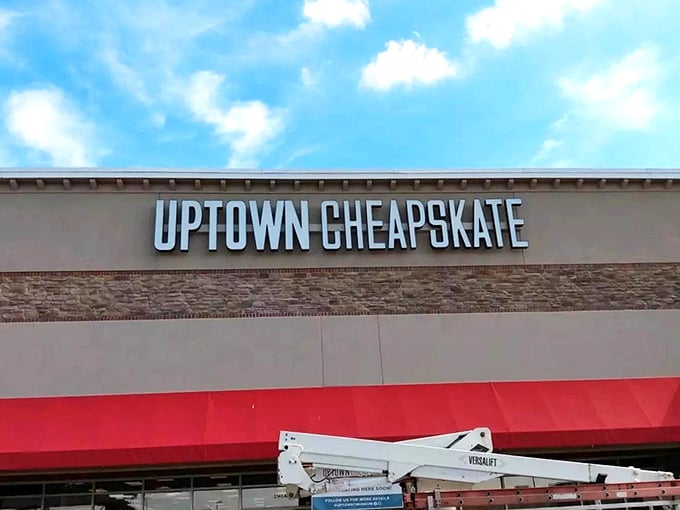 Uptown Cheapskate's sleek exterior hints at curated treasures within, where thrift shopping meets contemporary style perfectly.