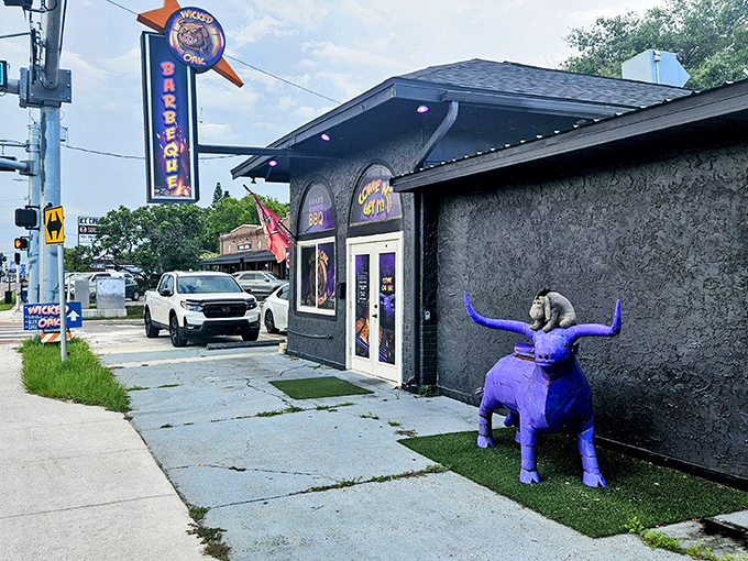 That purple bull out front isn't just decoration - it's a promise of bold flavors ahead.