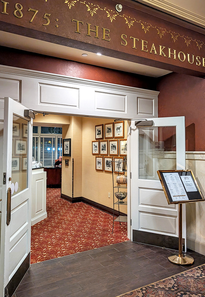 The elegant entrance hints at old-world charm, but the steaks inside are timeless crowd-pleasers worth every bite.