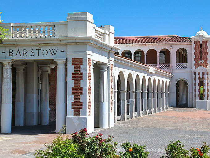 These Spanish colonial arches frame stories of Route 66 travelers and desert dreamers.