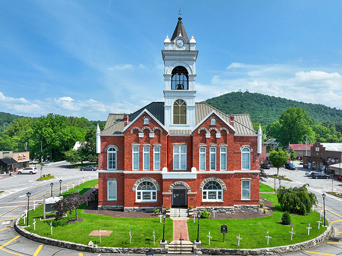 The historic courthouse stands guard over Blairsville's town square, where time moves at mountain speed.