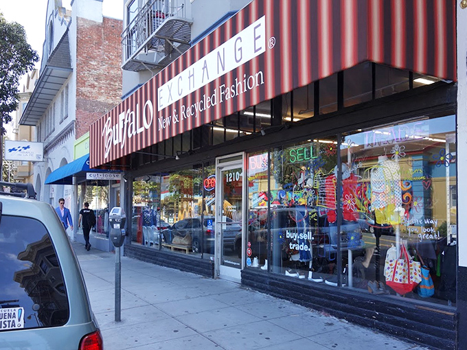 The colorful window displays at Buffalo Exchange promise trendy secondhand fashion that won't break your piggy bank.