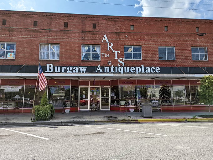 The bold red lettering against white brick announces this isn't just shopping&mdash;it's a historical expedition with souvenirs.
