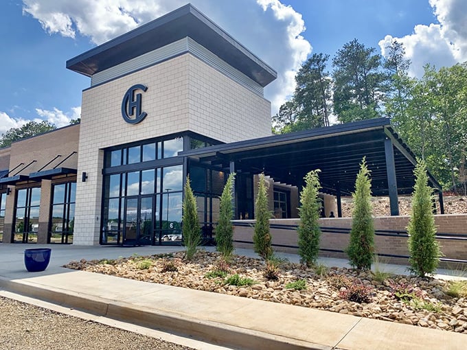 Sleek architecture and thoughtful landscaping set the stage for an unforgettable dining experience in Lake Murray country.