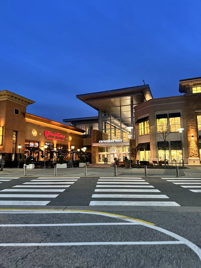 Evening lights transform this shopping destination into something magical, like retail theater at its finest.