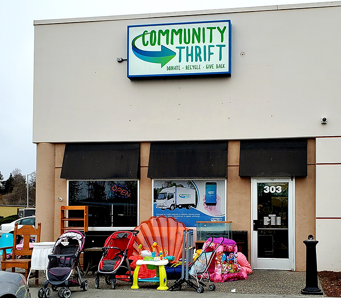 Sidewalk treasures beckon! Community Thrift's outdoor display of colorful kids' items is like a preview of the bargains waiting inside.