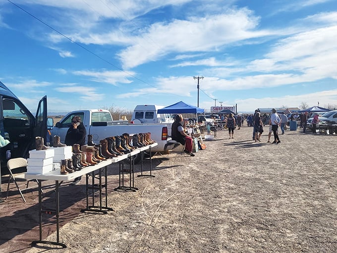 Cowboy boots galore! Tables of western wear and everyday treasures await at this authentic Arizona outdoor market.