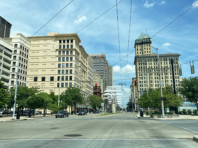 Tree-lined streets in Dayton create peaceful corridors where history and progress walk hand in hand.