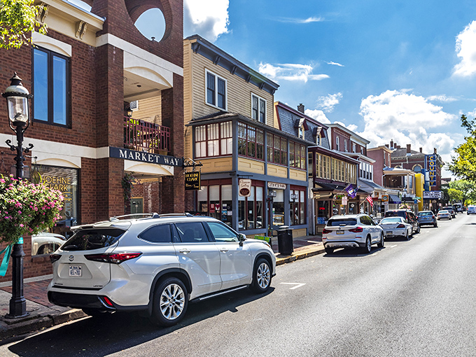 Under bright blue skies, Doylestown&rsquo;s lively streets showcase eclectic shops and historic charm, inviting visitors to stroll and explore.