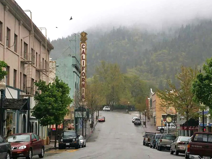 Misty mountain mornings in Dunsmuir give the California Theatre a film noir vibe. Bogart would feel right at home here.