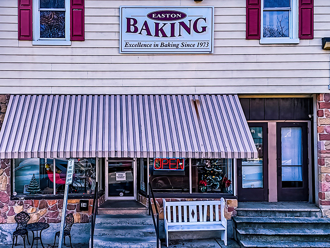 That striped awning signals you've arrived at tomato pie paradise &ndash; Easton Baking Company's modest exterior belies its legendary status.