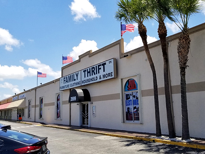 American flags wave proudly above this community-focused thrift store serving local treasure hunters daily.