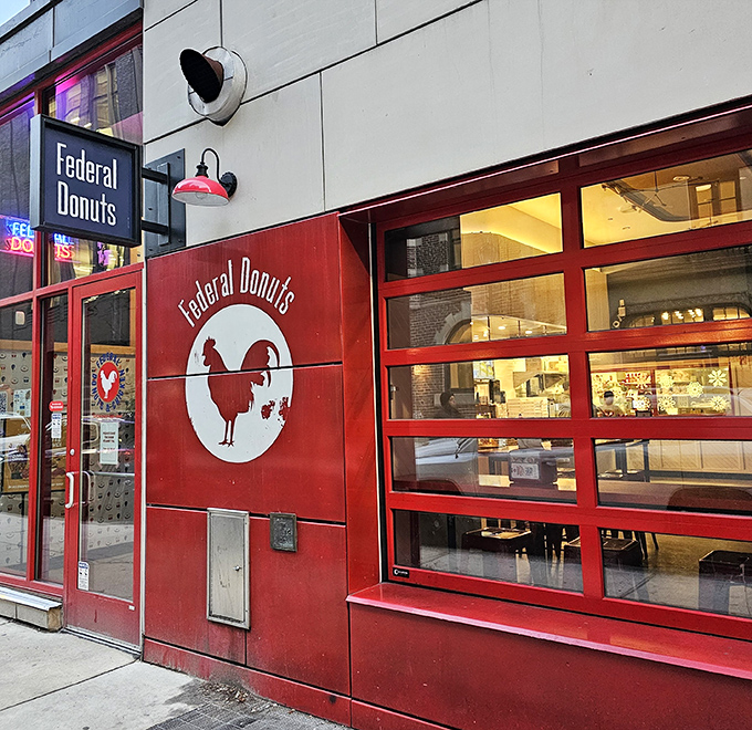 That red storefront pops like a beacon for anyone craving donuts done right in Philly.
