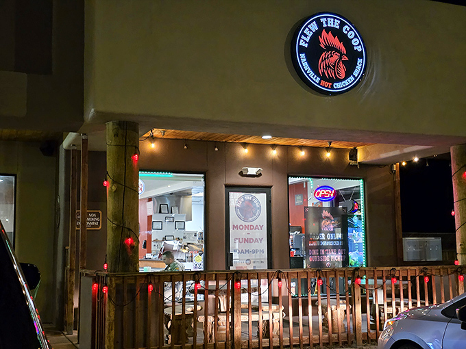 Those string lights aren't just decoration - they're beacons guiding spice lovers to chicken paradise below.