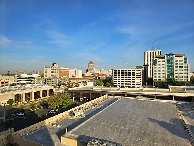 Modern buildings rise above streets where smart shoppers discover California's best-kept budget-friendly secrets.