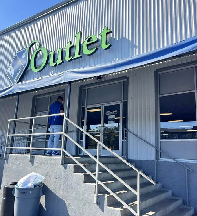 Those metal stairs lead up to secondhand shopping nirvana, where every pound of purchases feels like striking gold.