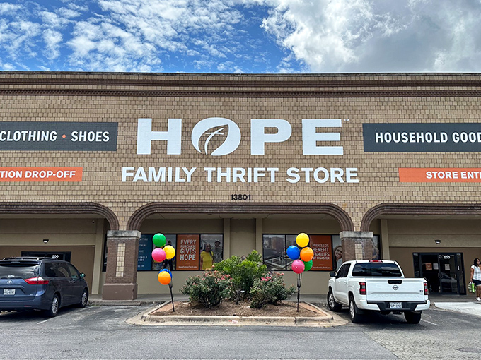 Blue skies and bright balloons create the perfect backdrop for this Austin thrift store with heart.