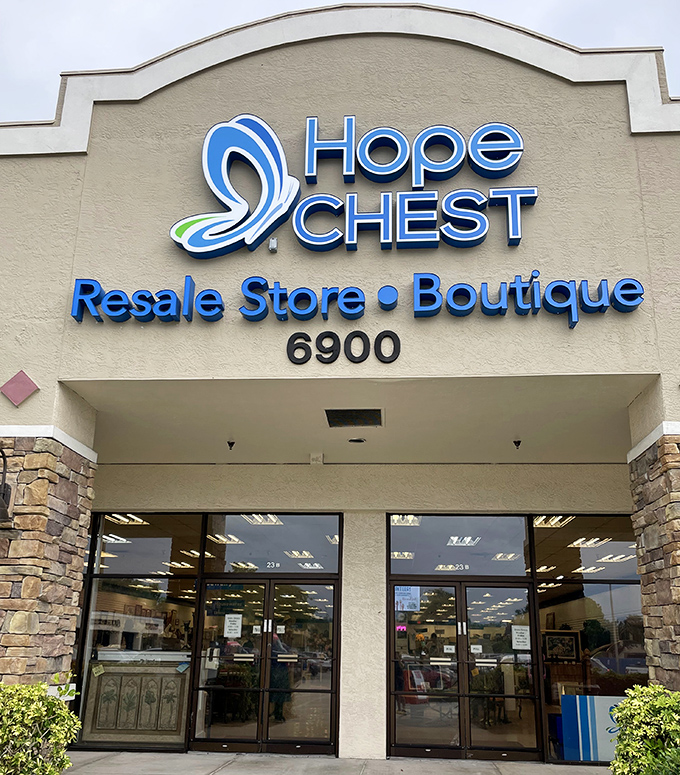 Stone accents and professional signage suggest this isn't your grandmother's dusty thrift shop experience.