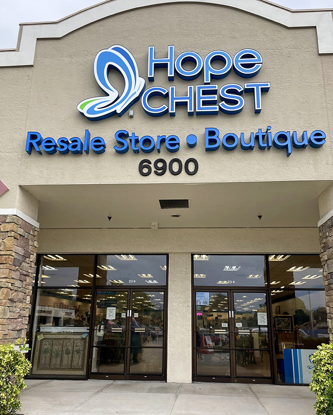 The elegant blue signage of Hope Chest promises a more refined secondhand shopping experience. Even the building looks hopeful!
