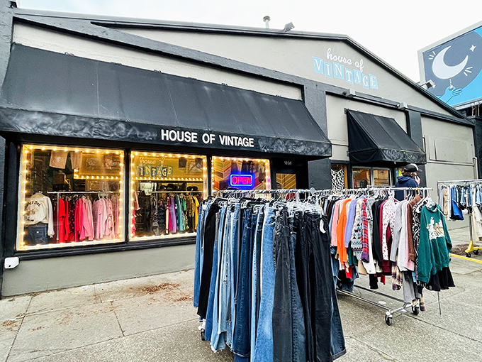 Those outdoor clothing racks tease the vintage treasures that make every shopper feel like a style detective.