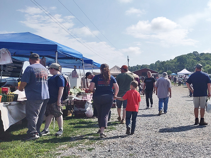 Families gather under blue skies to browse tables loaded with interesting finds and bargains.