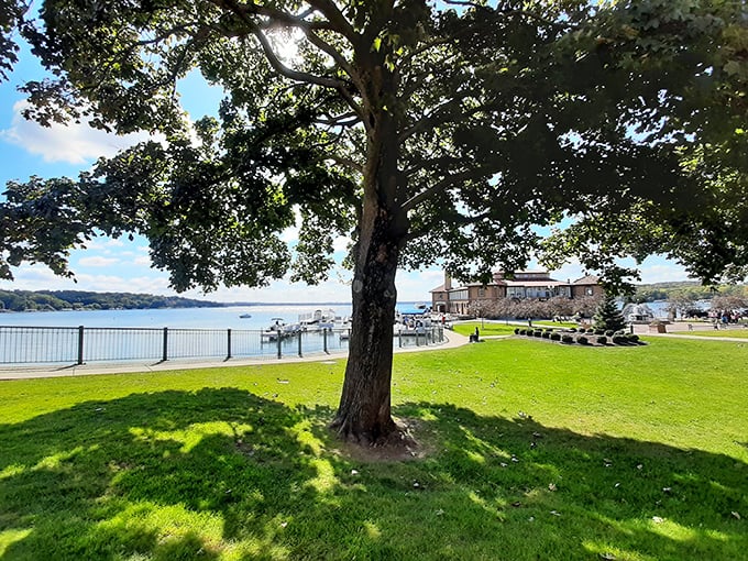 The perfect Lake Geneva afternoon: boats gently bobbing in the harbor while fall paints the hillsides in Crayola colors.