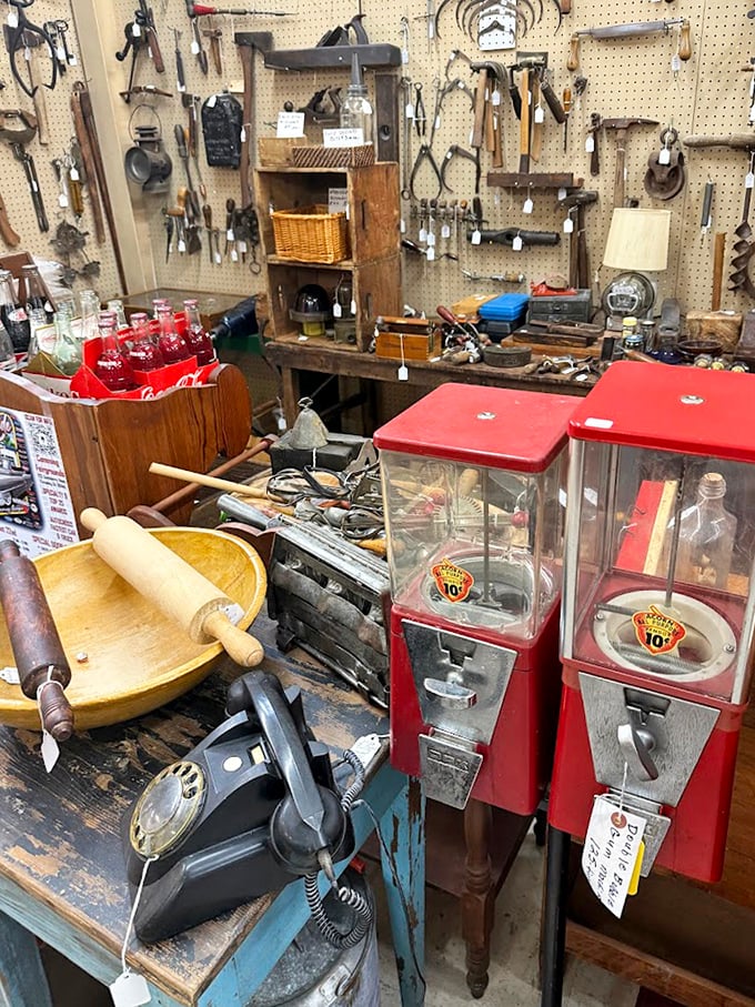Those vintage gumball machines whisper tales of childhood quarters while antique tools prove that quality craftsmanship never goes out of fashion.