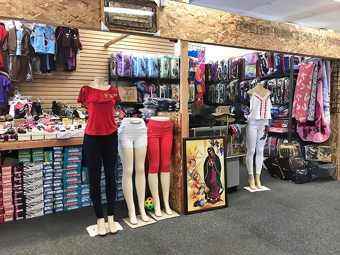 Clothing displays at Lancaster create a colorful maze where fashion from different decades mingles like old friends.