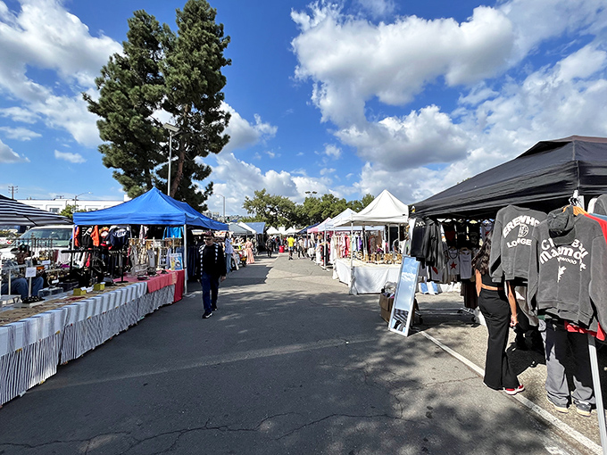 The hip LA crowd browses through carefully curated booths where retro meets modern in perfect harmony.