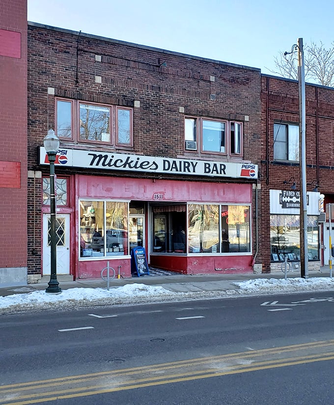 Winter can't dim the warm welcome of Mickie's Dairy Bar. Those windows have witnessed decades of breakfast dreams coming true.