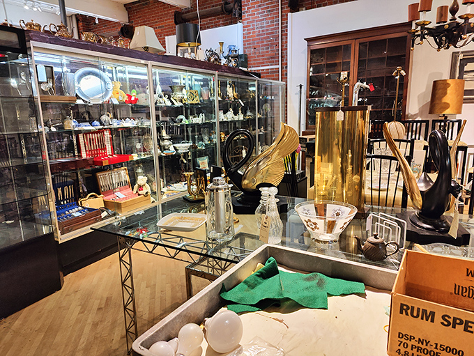 Elegant glass cases showcase delicate treasures while brick walls add warmth&mdash;this corner of Midland Arts feels like a museum where you can take things home.