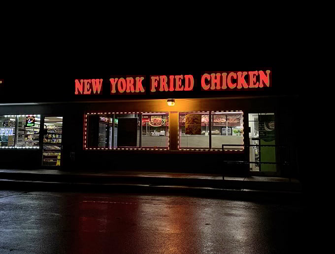 That red neon glow in the window is like a beacon calling all chicken lovers home.