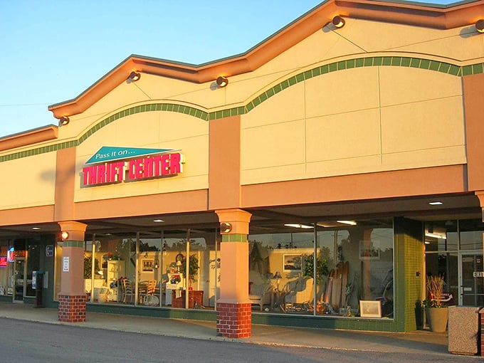 That golden hour glow makes this thrift center look like a beacon for savvy shoppers seeking quality finds.