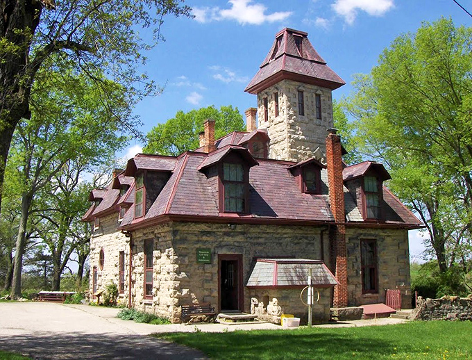 Castle towers pierce blue skies, showing that dreams sometimes wear medieval crowns in Ohio.