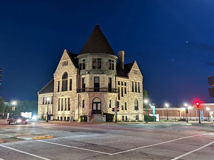 This magnificent stone structure in Quincy glows under evening lights, its castle-like appearance a testament to the city's historic prosperity and architectural ambition.