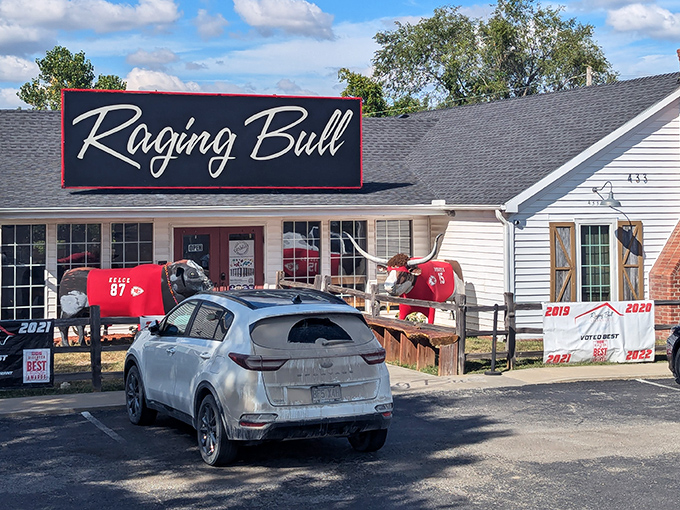 Those red accents and bull decorations aren't subtle, but neither are their incredible steaks inside.