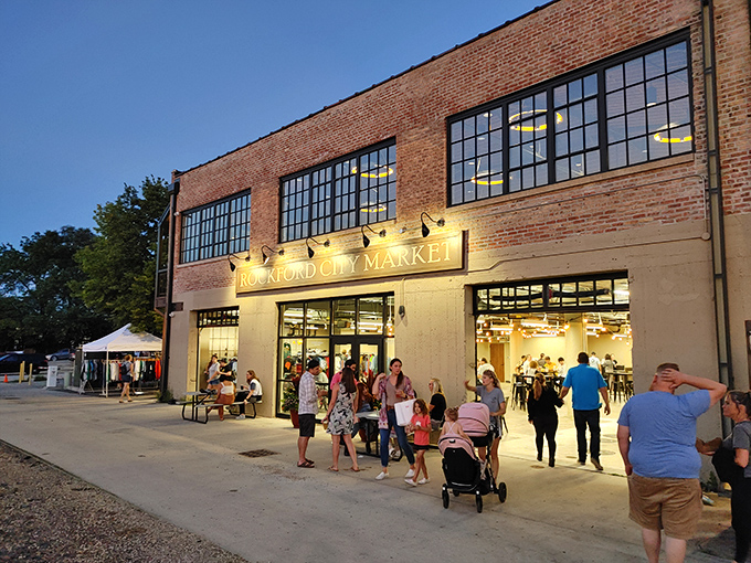 Evening light bathes Rockford's market in golden warmth. Families gather at this local hotspot where shopping feels more like socializing.