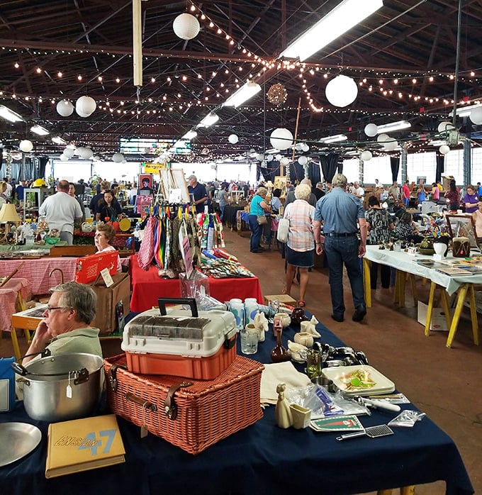String lights overhead, treasures below. The market's indoor wonderland feels like a year-round holiday for collectors.