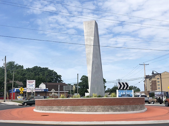 A striking modern monument rises from Camden&rsquo;s roundabout, welcoming visitors with a bold landmark that marks the heart of the community.